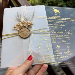 Gold Foil Acrylic Graduation Invitation: Vellum Wrap, Dried Flowers ...
