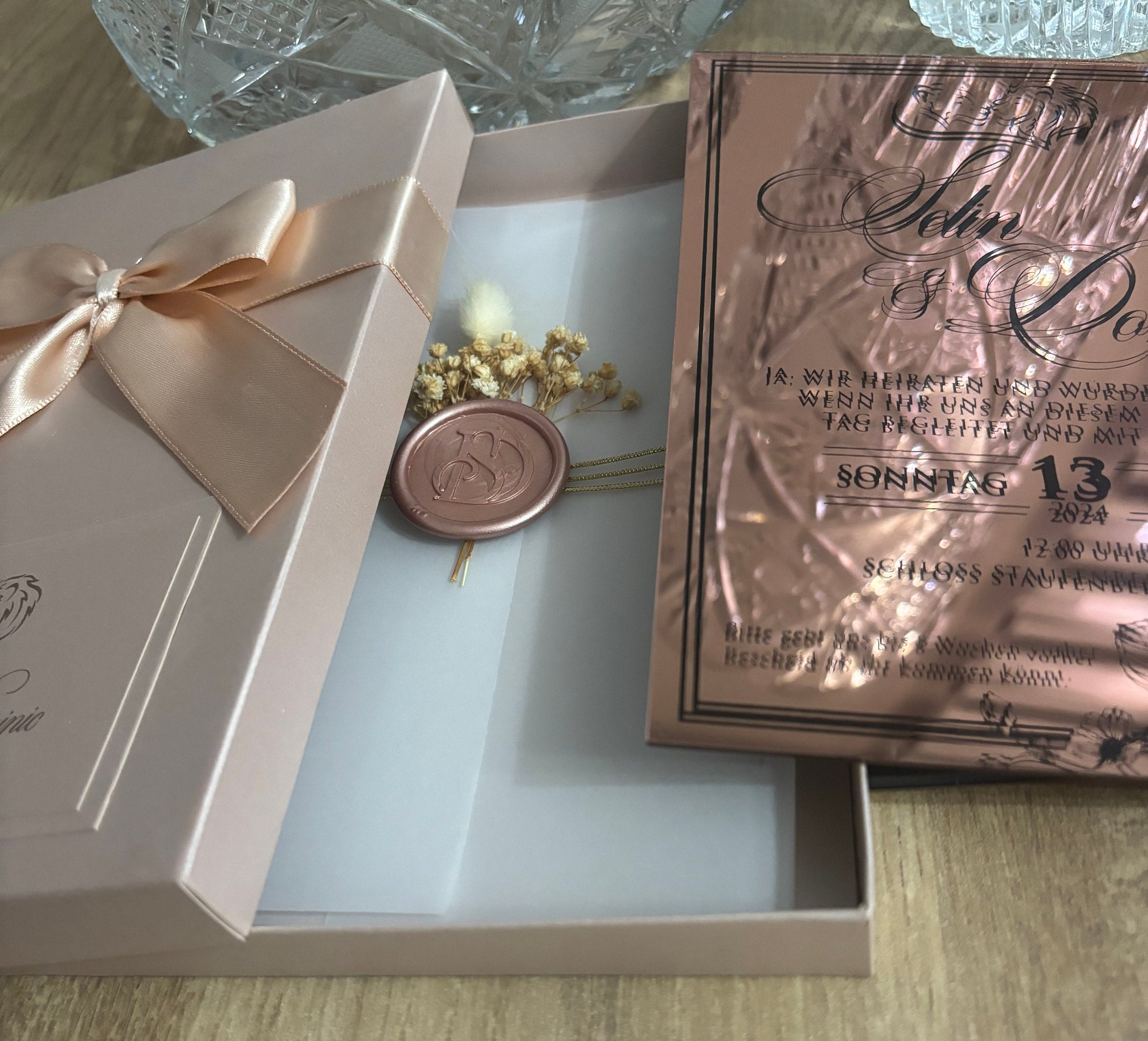 Rose Mirrored Wedding Invitation: Champagne Pink Box, Rustic Wedding ...