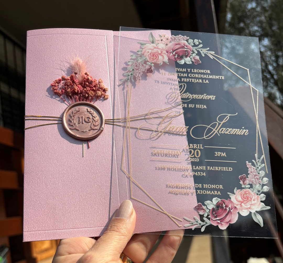 Floral Acrylic Quinceanera Invitations, Pearlescent Pink Half Envelope ...