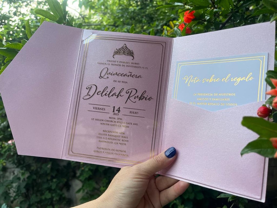 Pearlescent Pink Acrylic Quinceañera Invitations With Pocket Envelope ...