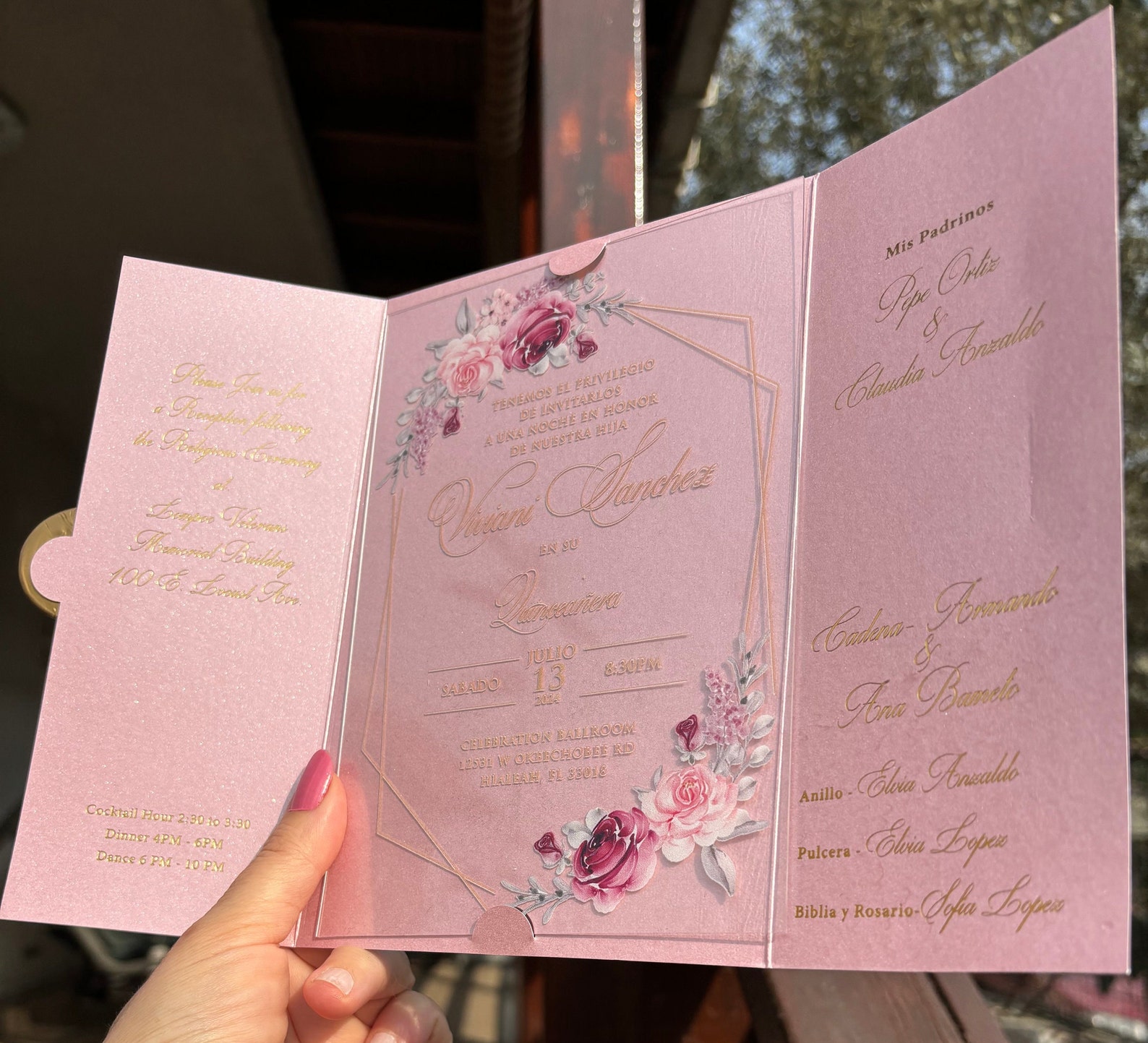 Floral Acrylic Quince Invitations With Gold Foil, Pink Pearlescent ...