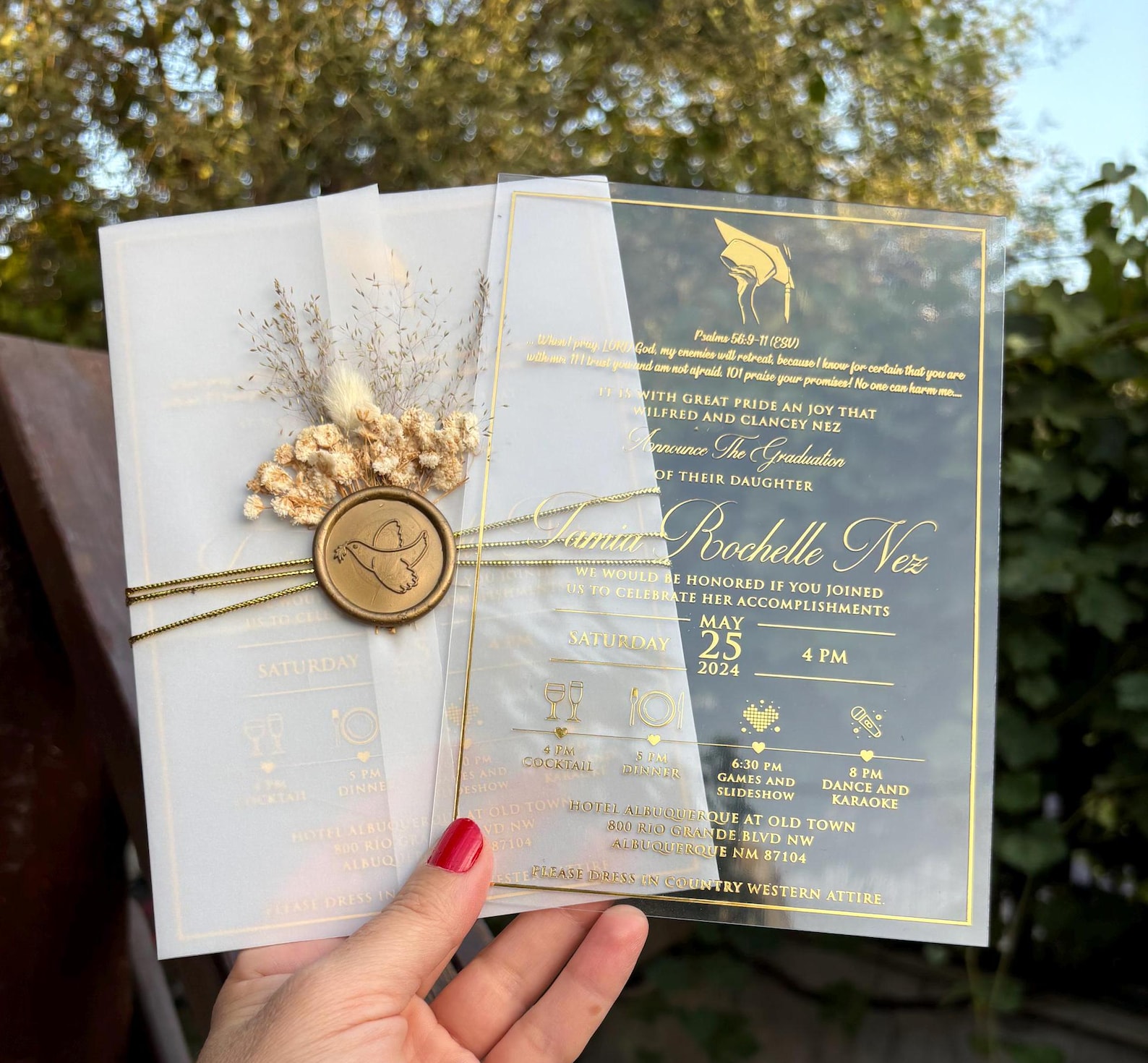 Gold Foil Acrylic Graduation Invitation: Vellum Wrap, Dried Flowers ...