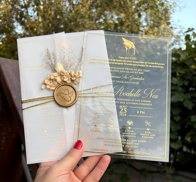 Gold Foil Acrylic Graduation Invitation: Vellum Wrap, Dried Flowers ...