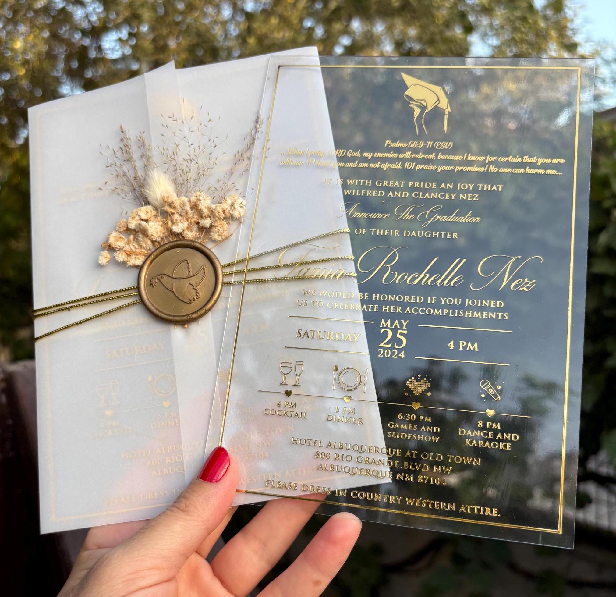 Gold Foil Acrylic Graduation Invitation: Vellum Wrap, Dried Flowers ...