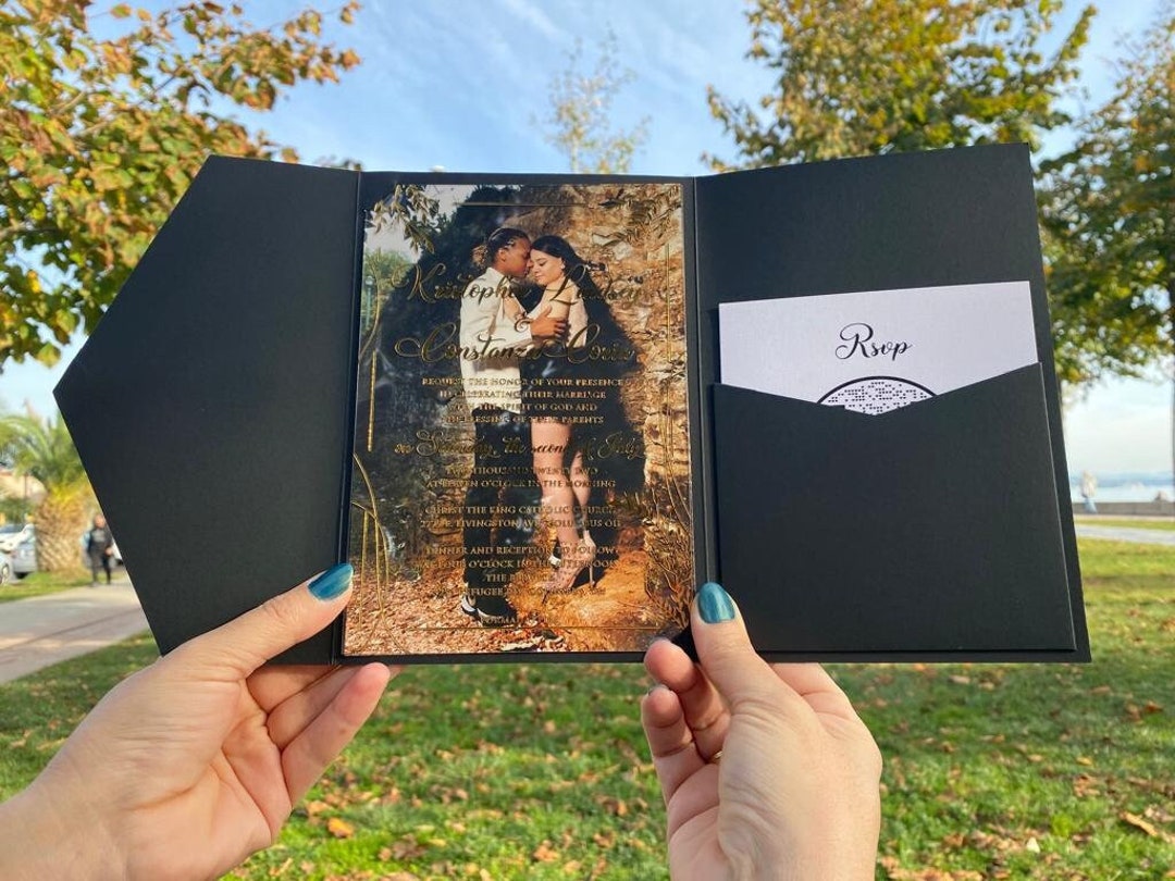 Black Pocket Envelope. Acrylic Wedding Invitation With Photo. - Etsy