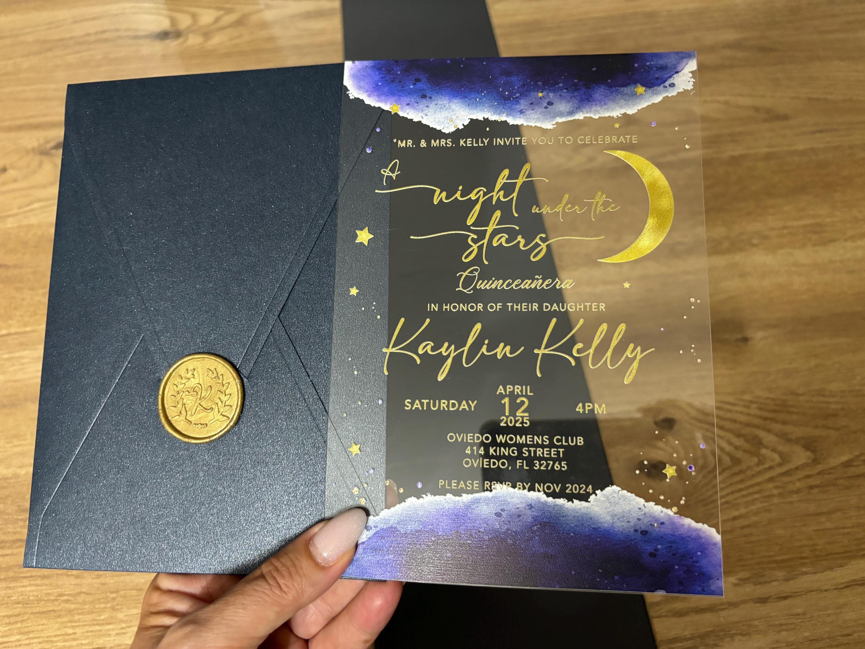 Starry Night Acrylic Quinceañera Invitation: Navy Pearlescent Envelope ...