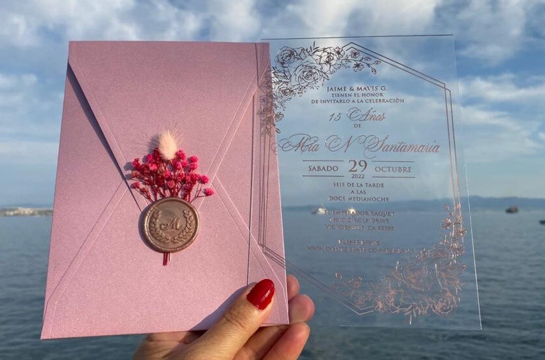 Acrylic Quinceanera Invitation With Pearlescent Pink Envelopes. Acrylic ...