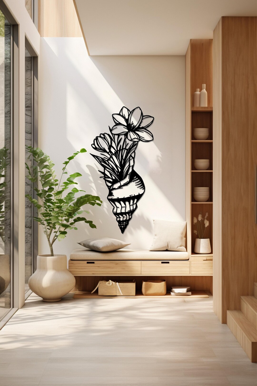 Nautilus Metal Wall Decor, Spiral Sea Shell Metal Wall Art , Flower ...