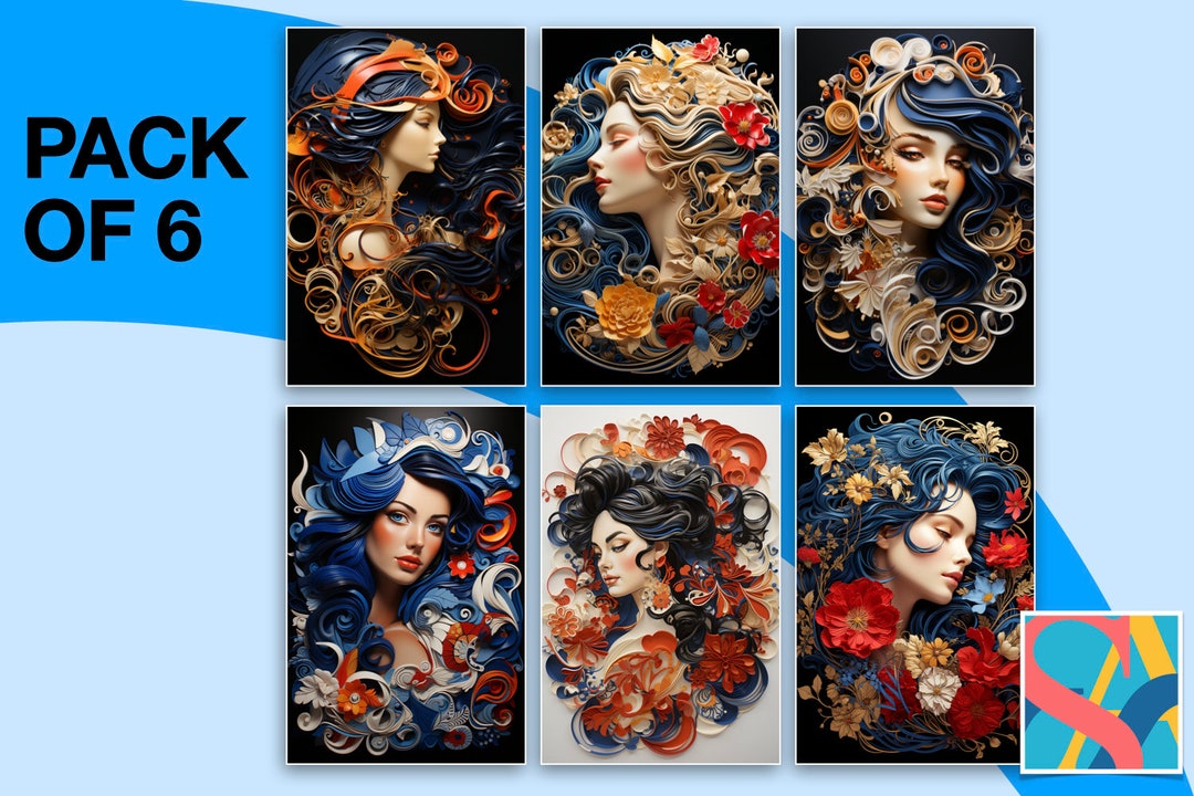 Beautiful Women Quilling 3D Paper Relief Wall Art - Set of 8 Interior ...