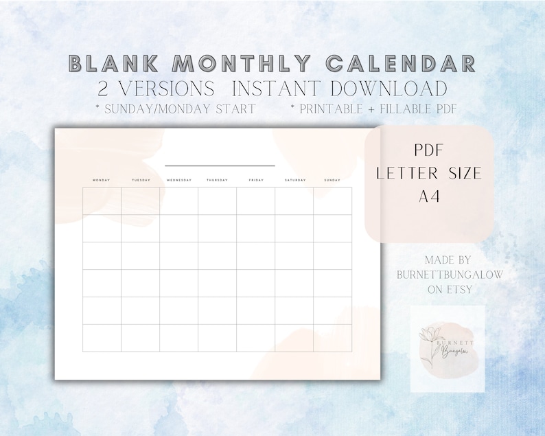 Blank Monthly Calendar Printable Landscape Minimalist - Etsy