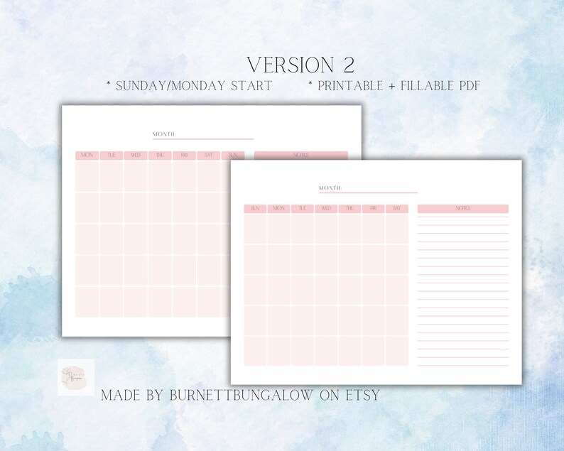 Blank Monthly Calendar Printable Landscape Minimalist - Etsy
