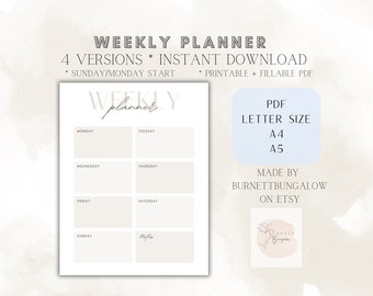 2024 Weekly Planner Printable, Minimalist Weekly Schedule, Week at a ...