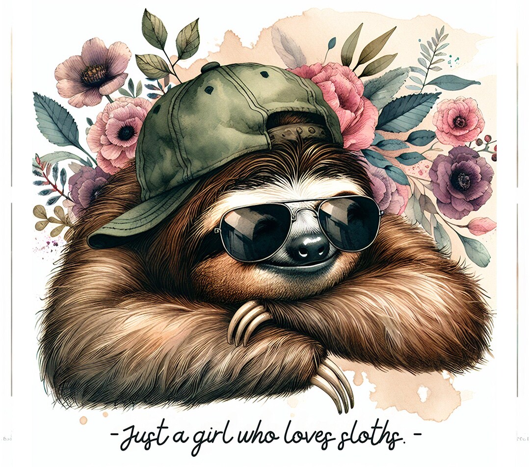 Cute Sloth Art Digital PNG Art With Flowers and Sunglasses, Just a Girl ...