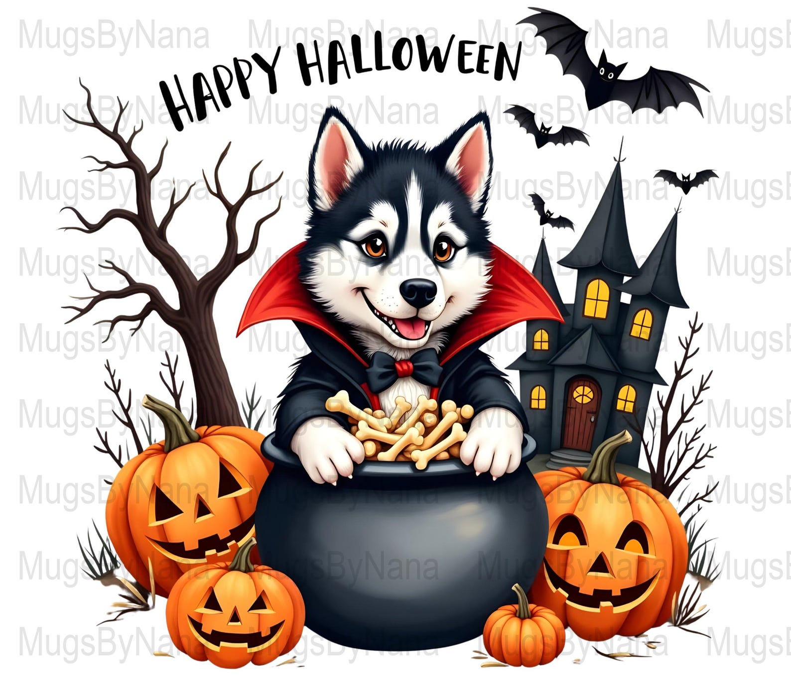Happy Halloween Digital Art Print, Cute Husky Vampire, Halloween Home ...