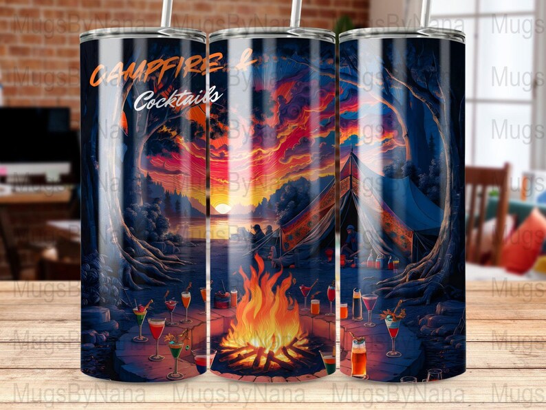 Campfire and Cocktails Digital Art Print, Glamping Adventure Tumbler Digital Download, Nature ...