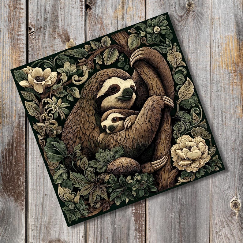 Art Nouveau Sloth Hand-sublimated Ceramic Tile, Mother & Baby Sloth Art ...
