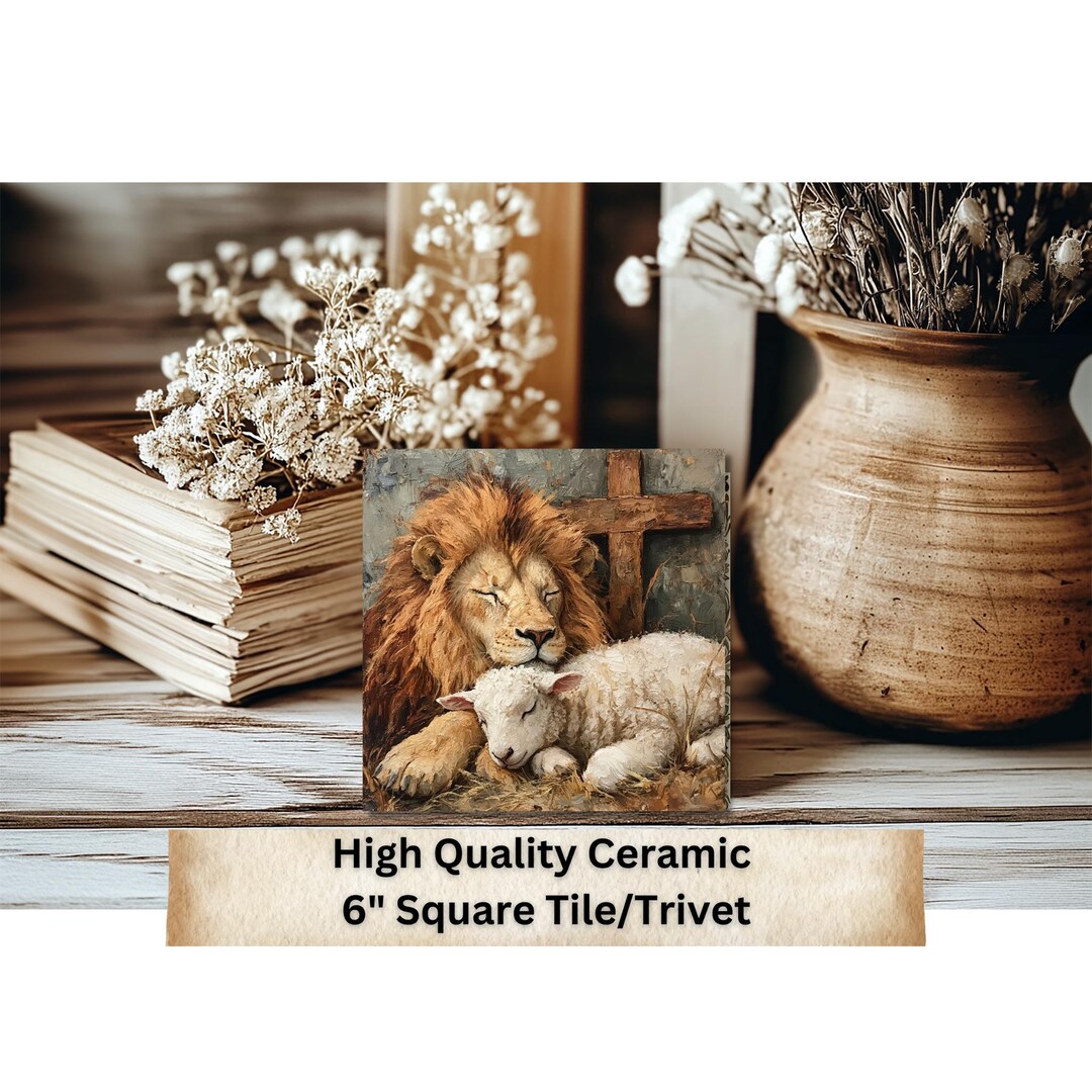 Easter Lion & Lamb Ceramic Tile Art, Hand Sublimated 6" Square, Trivet ...