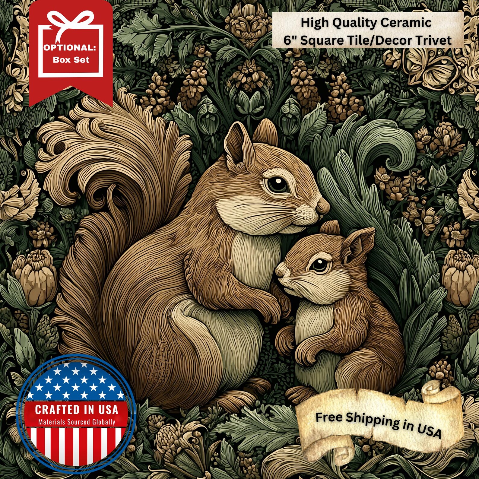 Squirrel Hand Sublimated Ceramic Tile Art, William Morris Style, Mother ...