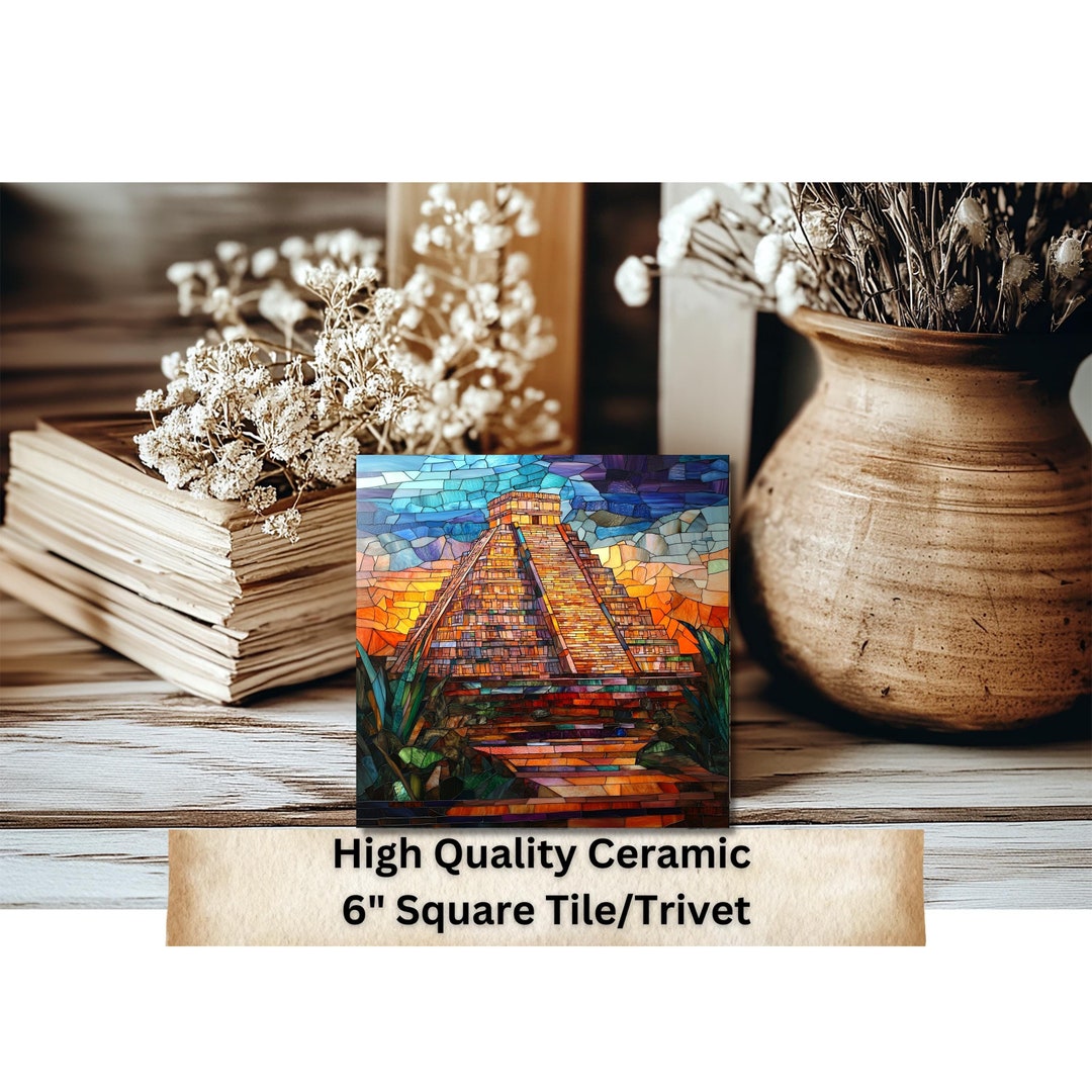 Vintage Mosaic Pyramids Chichen Itza Ceramic Tile Art, Hand Sublimated ...
