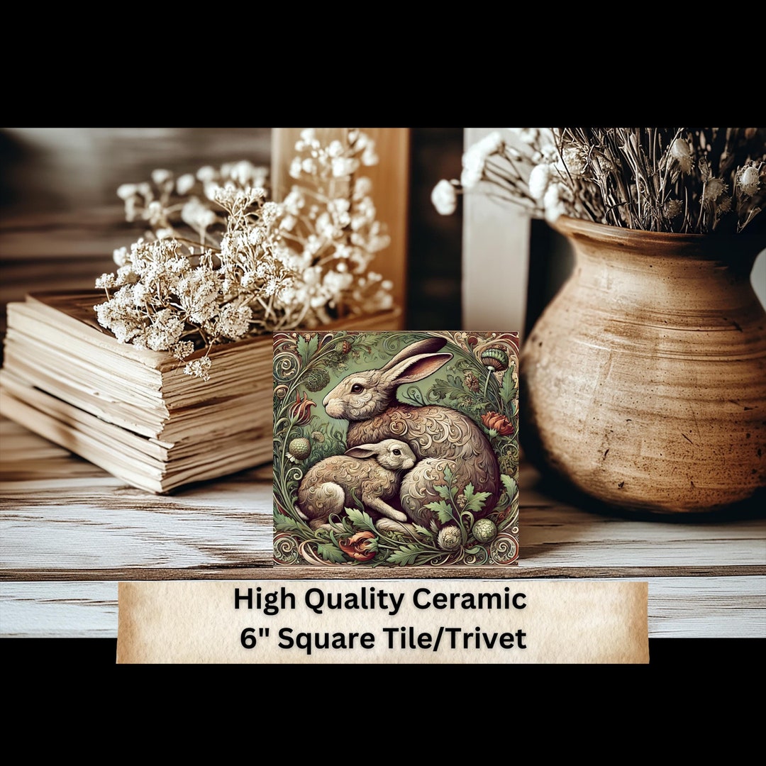 Vintage Rabbit Ceramic Tile Art, Hand Sublimated 6 Square, Trivet ...