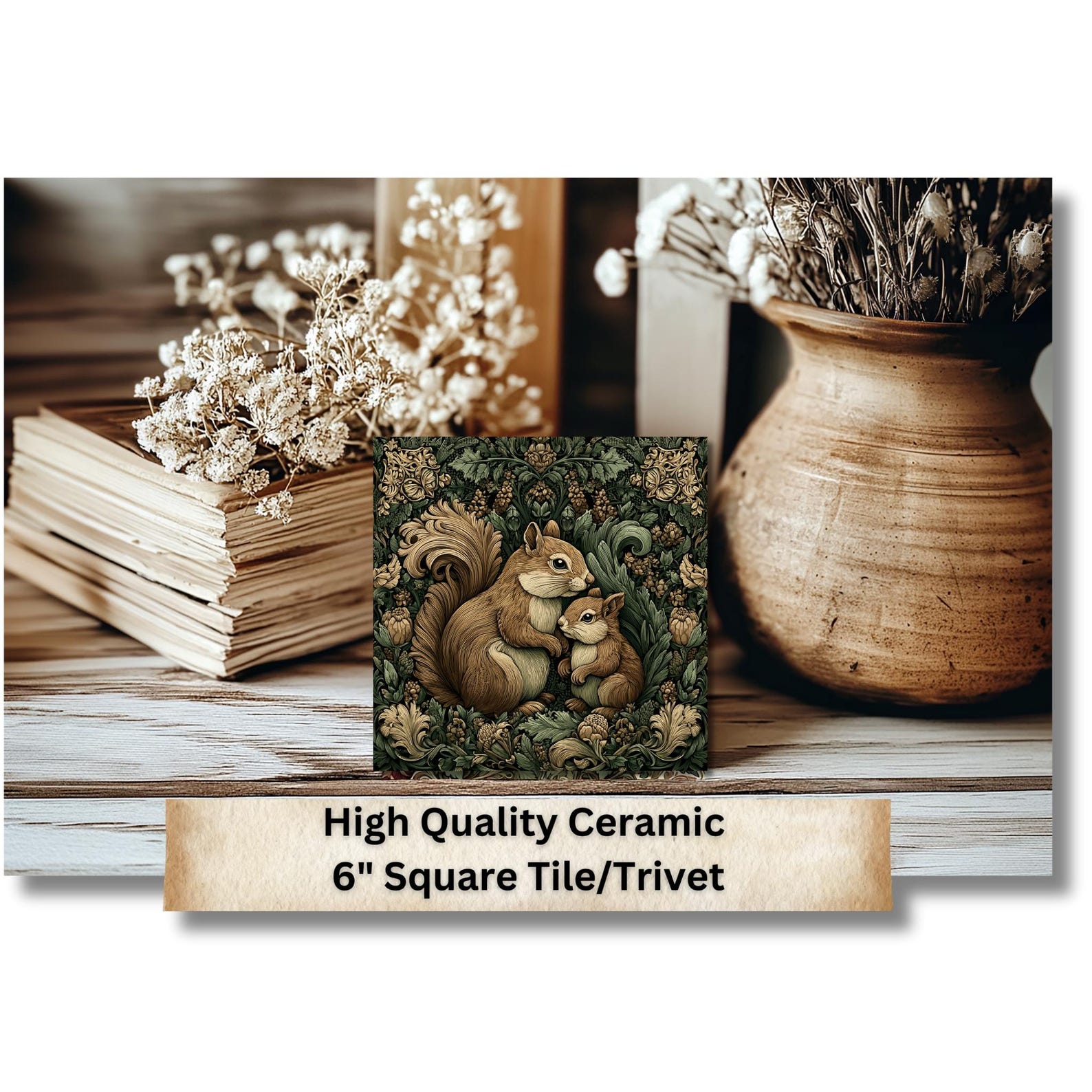 Squirrel Hand Sublimated Ceramic Tile Art, William Morris Style, Mother ...
