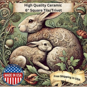 Vintage Rabbit Ceramic Tile Art, Hand Sublimated 6" Square, Trivet ...