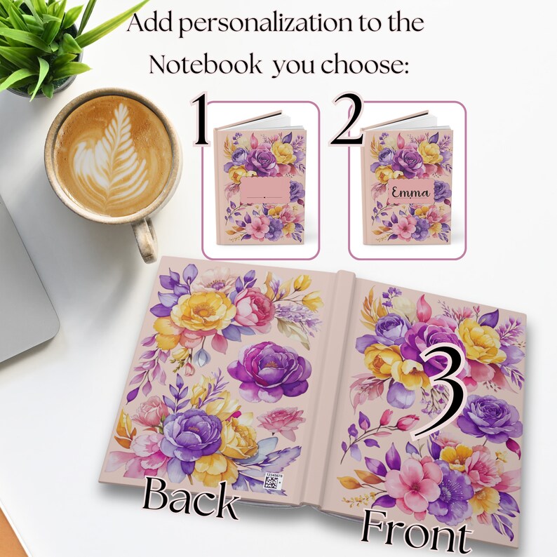 Personalized Hardcover and Spiral Floral Journal, Custom Flower Design ...
