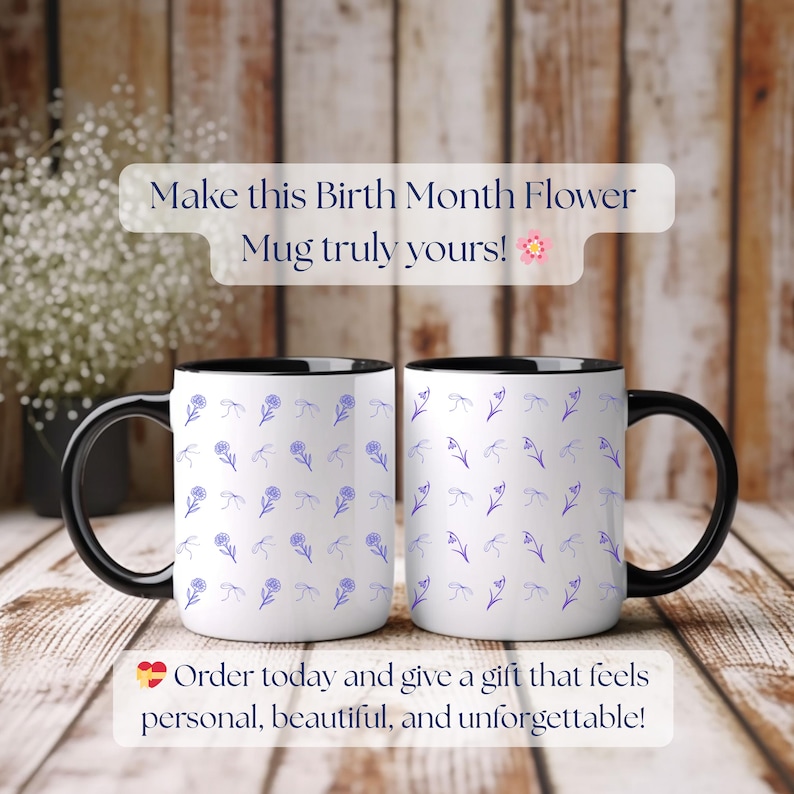 Floral Birth Month Mug — Blue & White Coquette Bow Ceramic Gift - Etsy