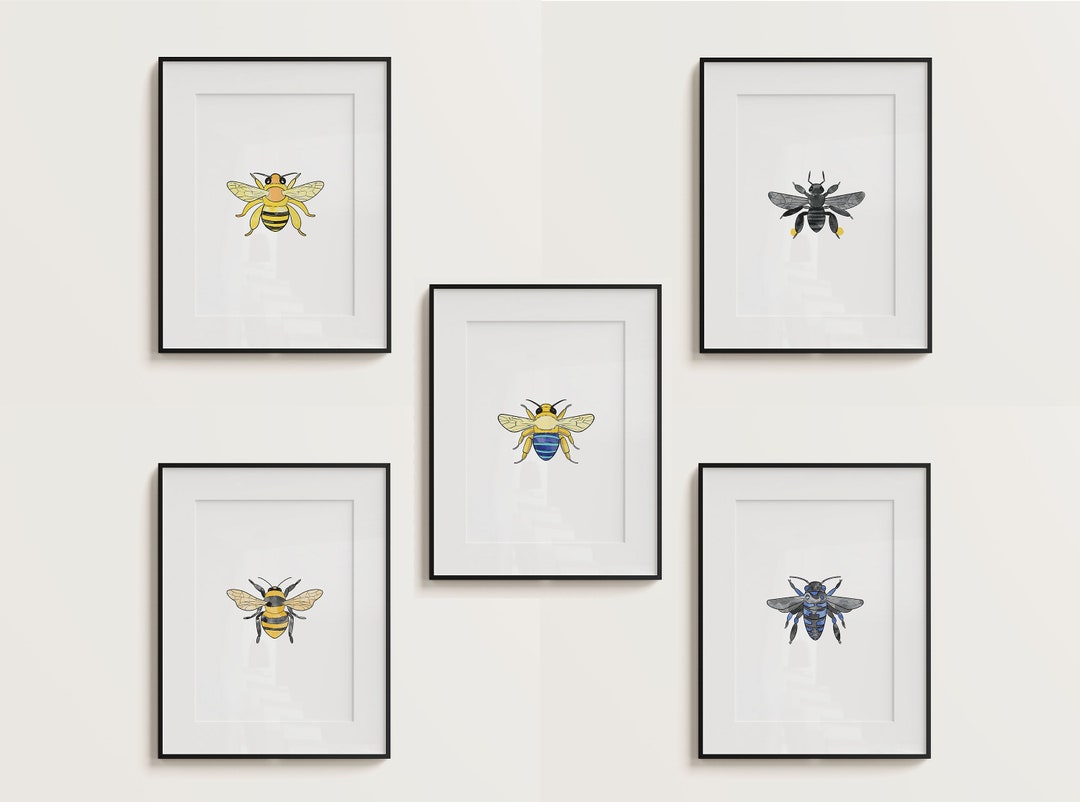 Watercolour Bee Print Wall Art, Cute Watercolor Design 5 Bee PACKAGE ...