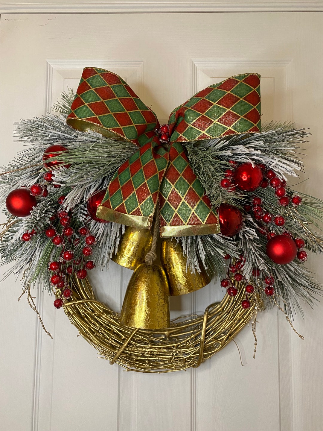 Gold Christmas Bells, Christmas Wreath, Holiday Grapevine, Painted Gold ...