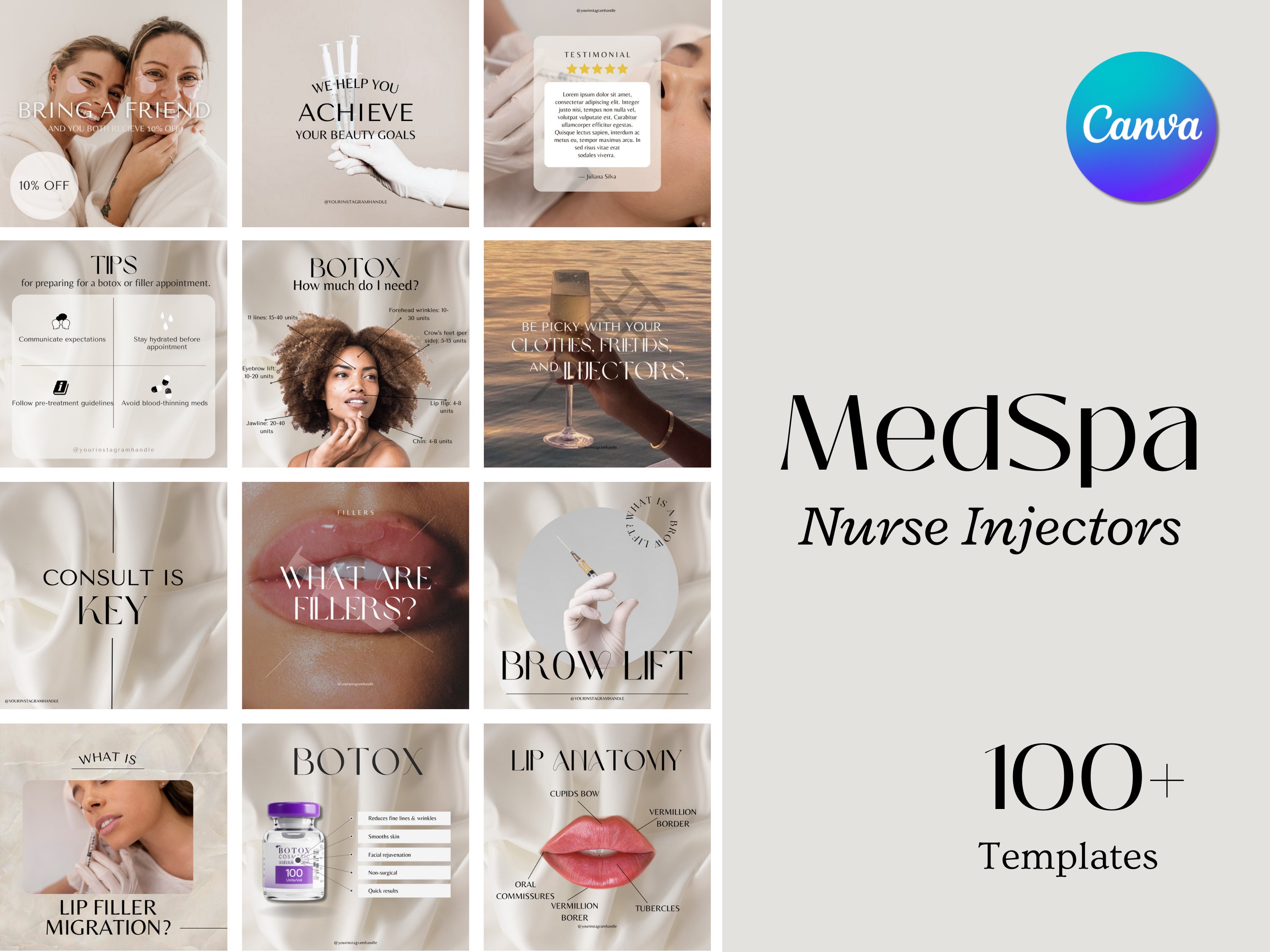 100 Botox and Filler Instagram Templates LUXURY NEUTRAL AESTHETIC Canva ...