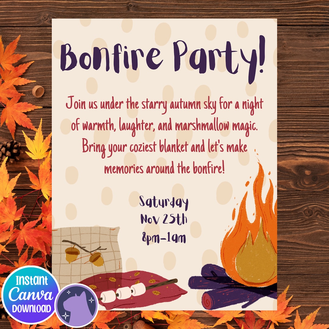 Cozy Bonfire Party Invite, Customizable, Personalizable, Canva Template ...