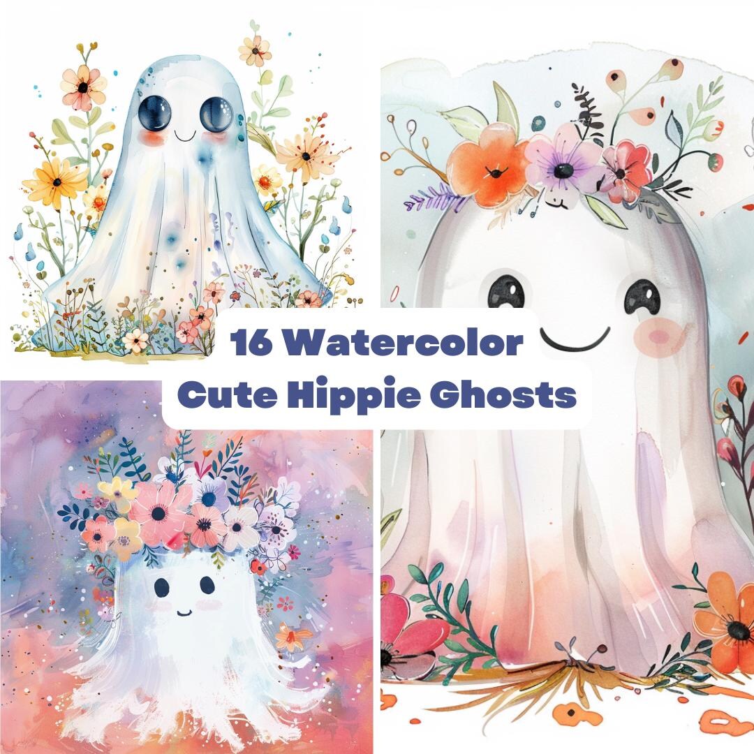 Watercolor Hippie Ghost Clipart - 16 Images Cute Halloween PNG ...