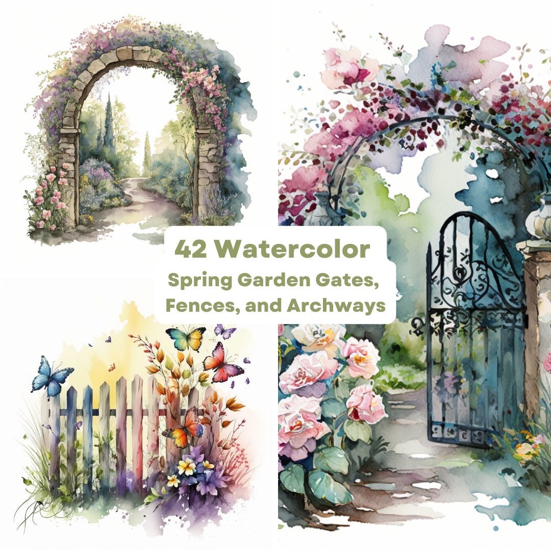 Watercolor Spring Garden Gates Fences Archways Clipart - 42 Images ...
