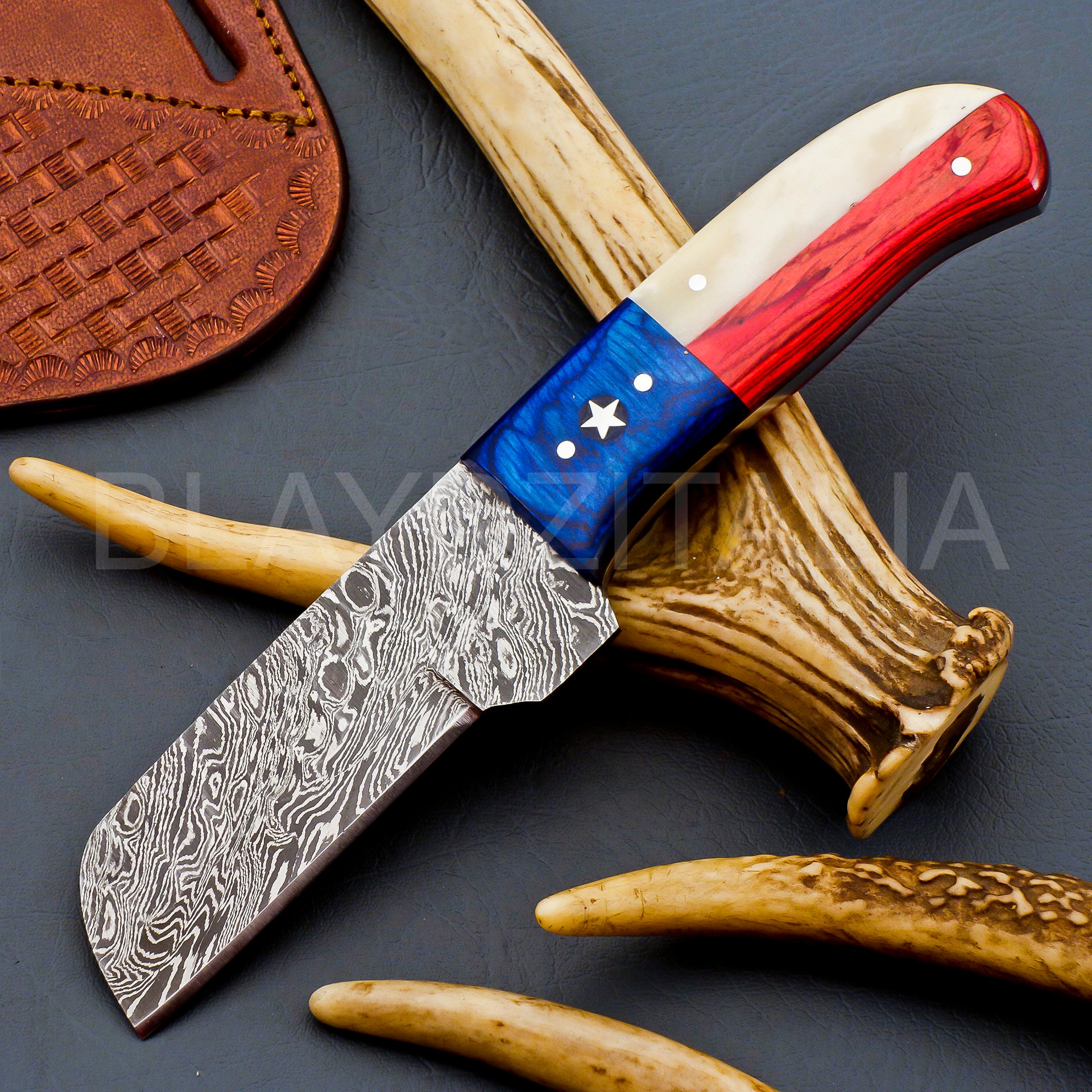 Cowboy Bull Cutter Knife Texas Flag Handle With Damascus Blade and Pan ...