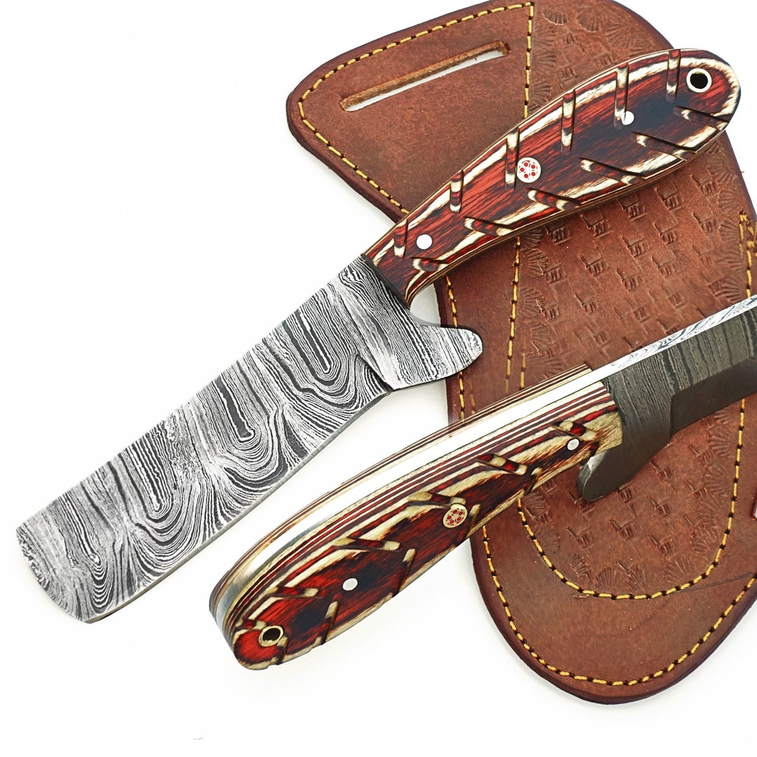 Cowboy Bull Cutter Knife With Damascus Blade and Pan Cake Leather ...