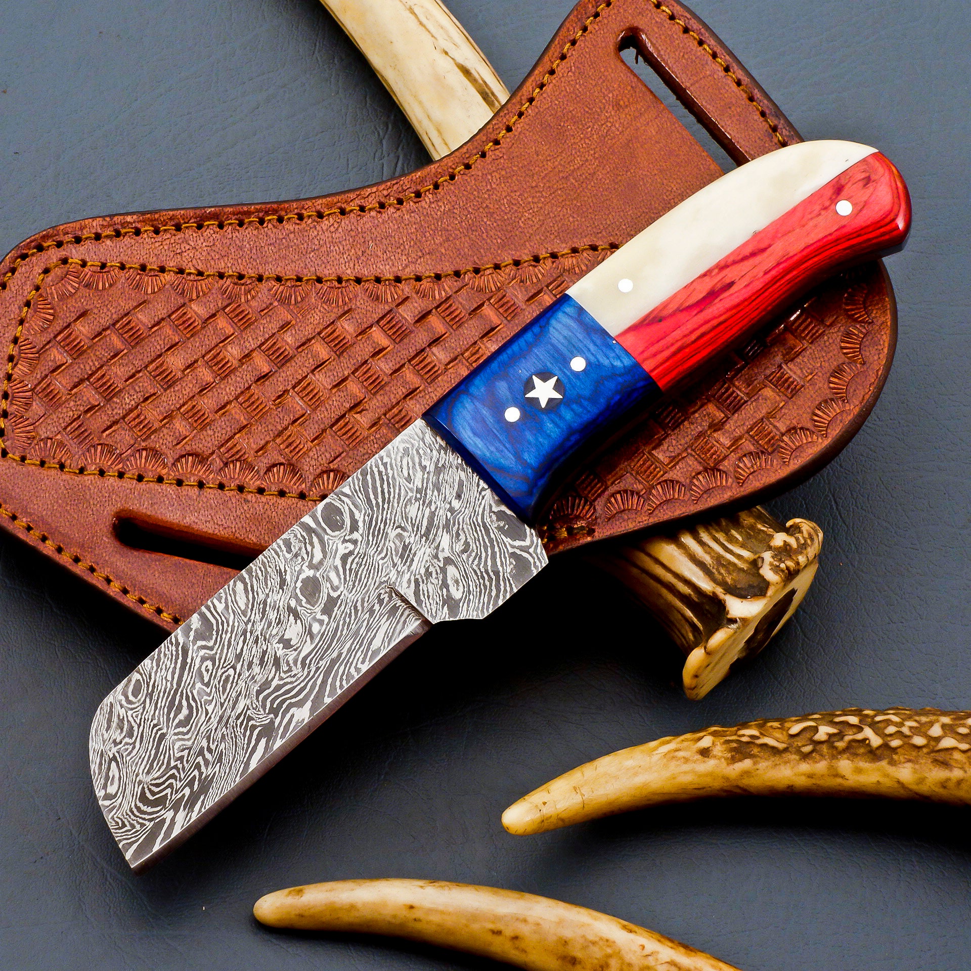 Cowboy Bull Cutter Knife Texas Flag Handle With Damascus Blade and Pan ...