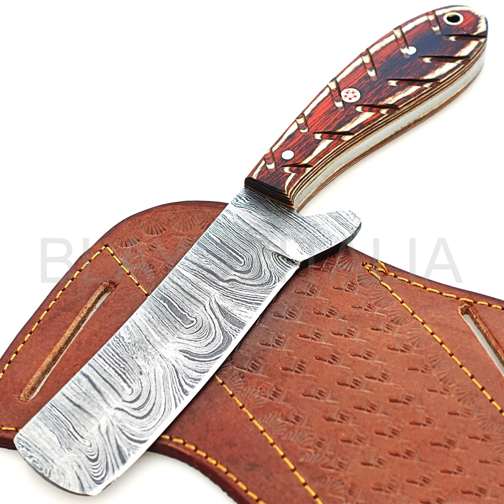Cowboy Bull Cutter Knife With Damascus Blade and Pan Cake Leather ...