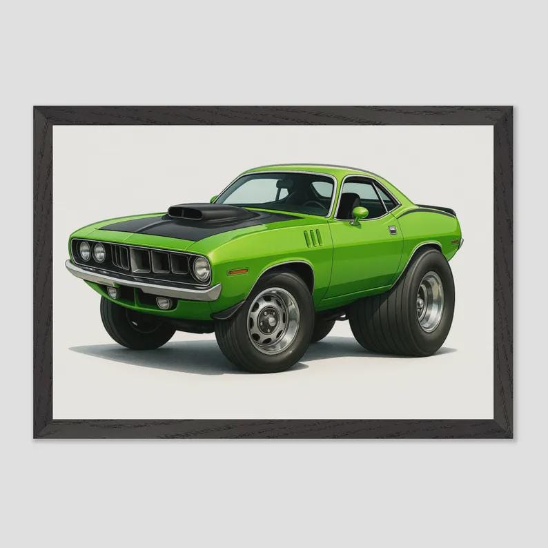 Plymouth Cuda Poster – Green Muscle Car, Retro Garage Art - Etsy