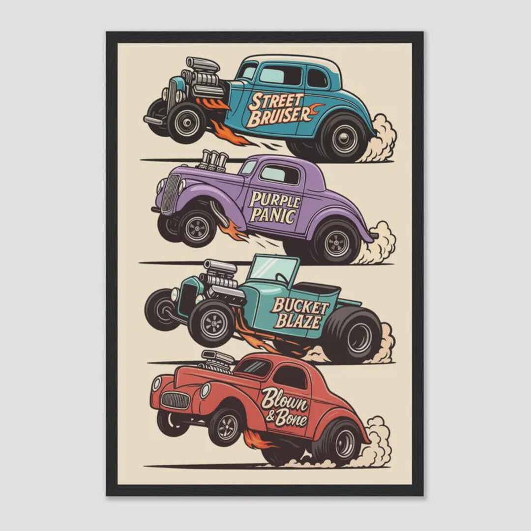 Hot Rod Gasser Poster – Vintage Drag Car Wall Art – Cartoon Muscle Cars ...