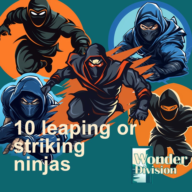 10 Dynamic Ninjas Clip Art, Digital, SVG, PNG, Clipart, Transparent Background, Ninjas, Leaping ...