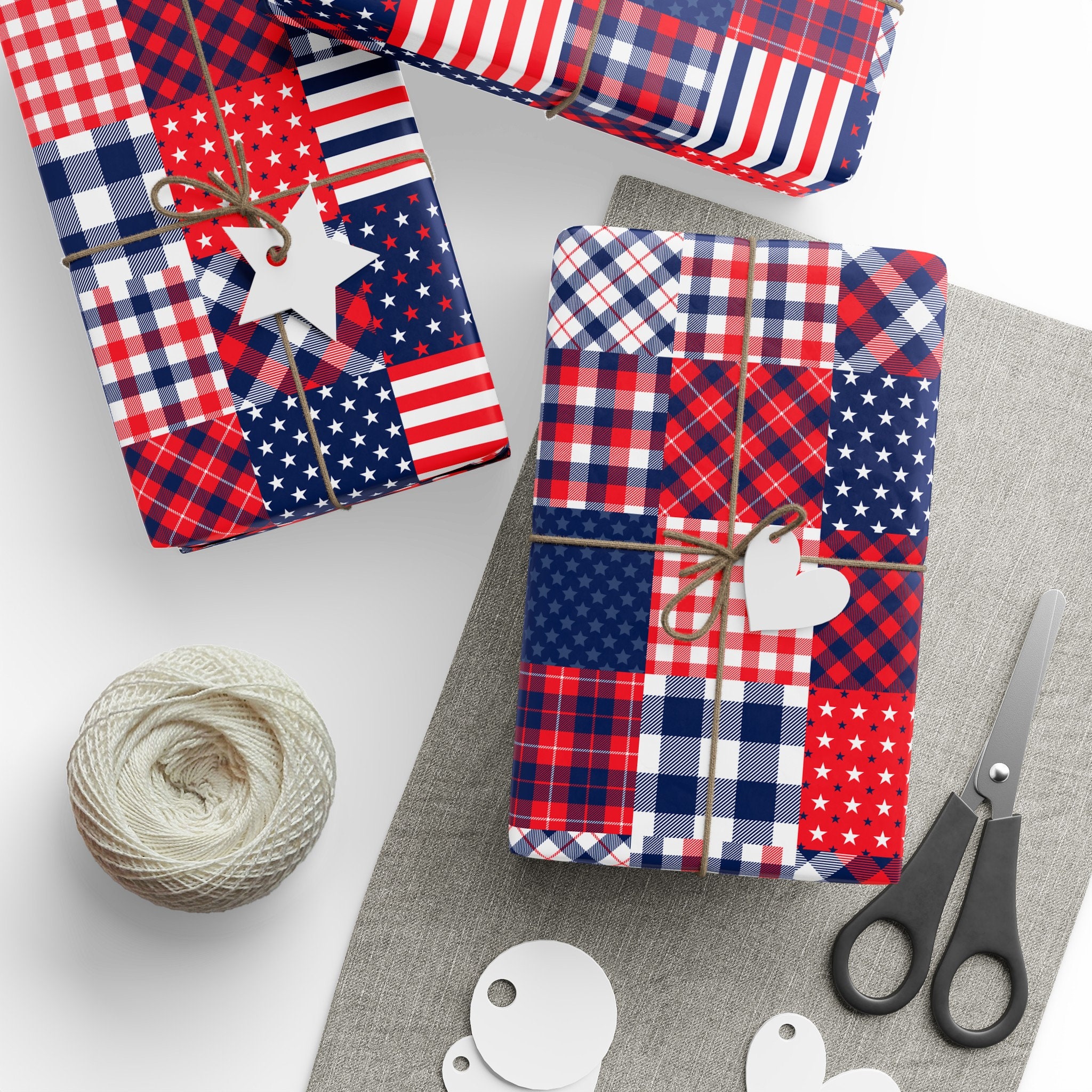 Patriotic Red and Blue Gingham and Stars Wrapping Papers, Summer Gift ...
