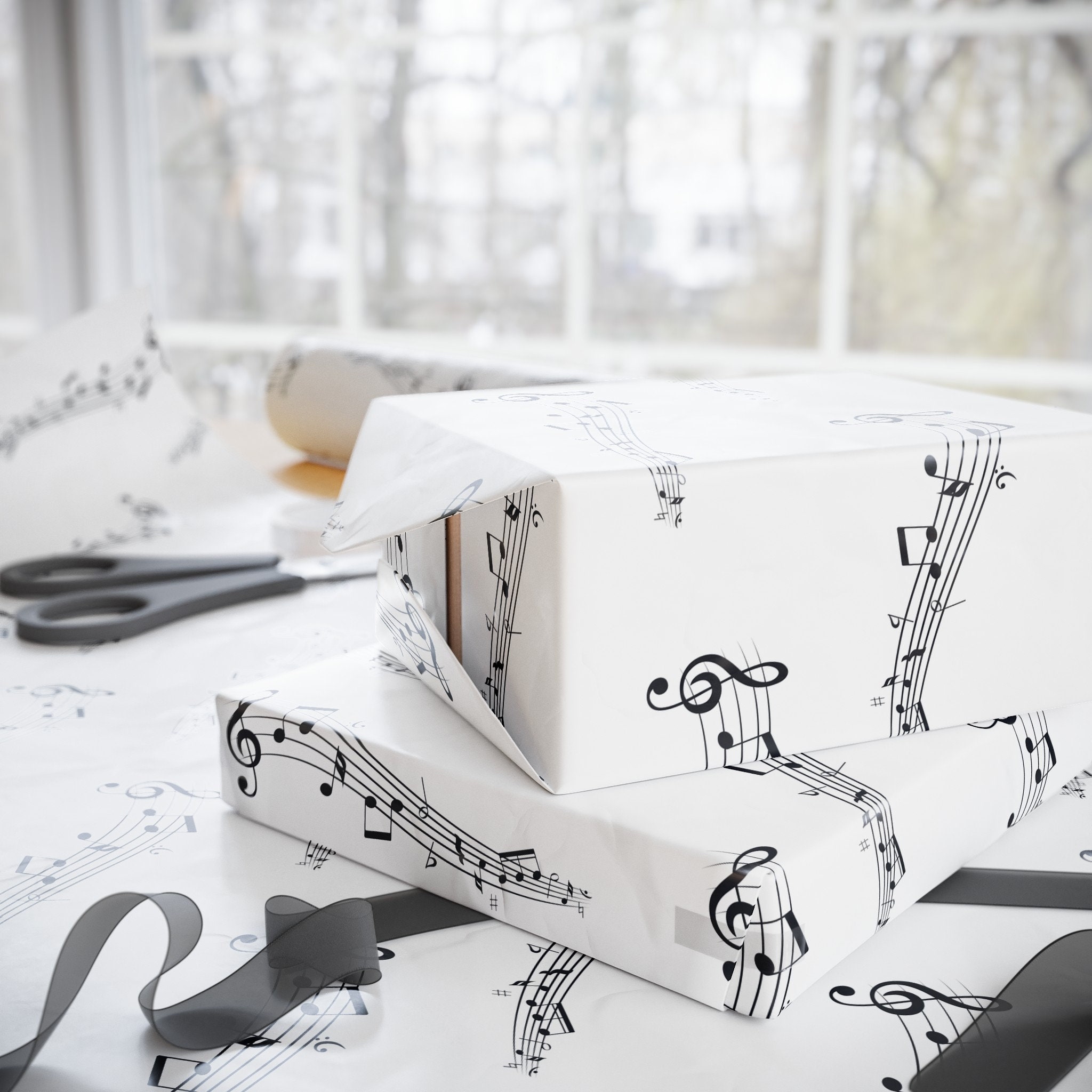 Musical Notes Wrapping Papers, Black and White Drawing Musical Gift ...