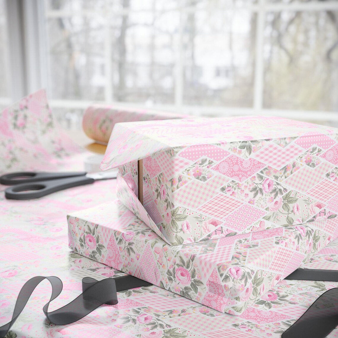 Grandmillenial Pink Patchwork Floral Wrapping Papers, Wedding Gift Wrap ...