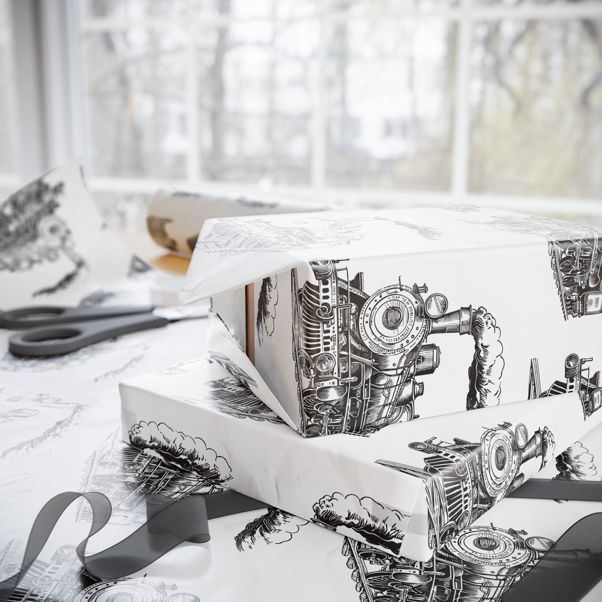 Vintage Train Wrapping Papers, Locomotive, Black and White, Drawing ...