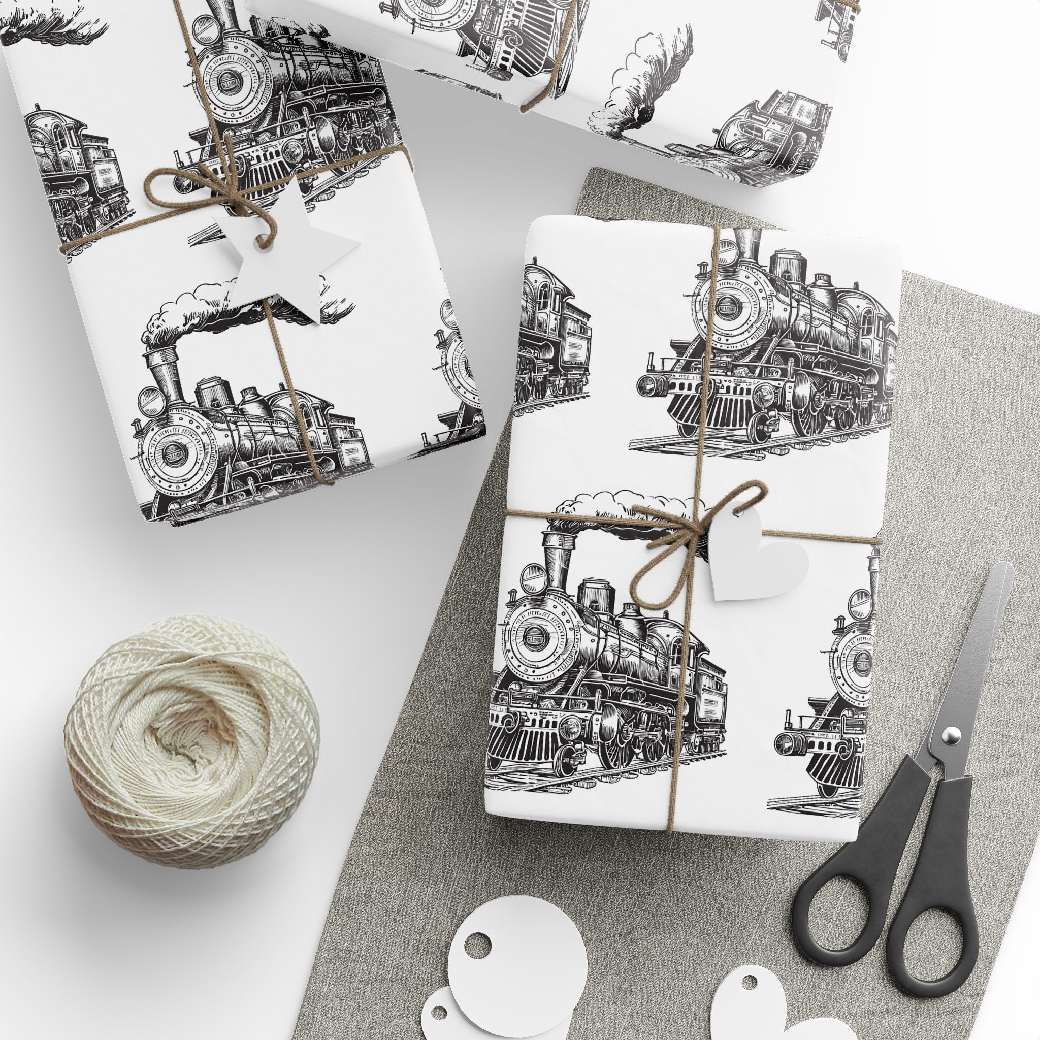 Vintage Train Wrapping Papers, Locomotive, Black and White, Drawing ...