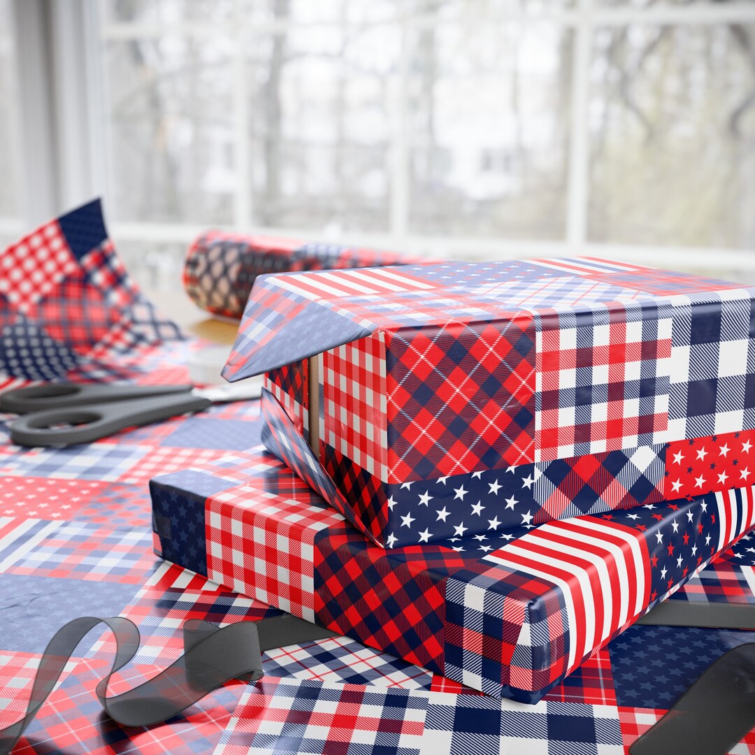 Patriotic Red and Blue Gingham and Stars Wrapping Papers, Summer Gift ...