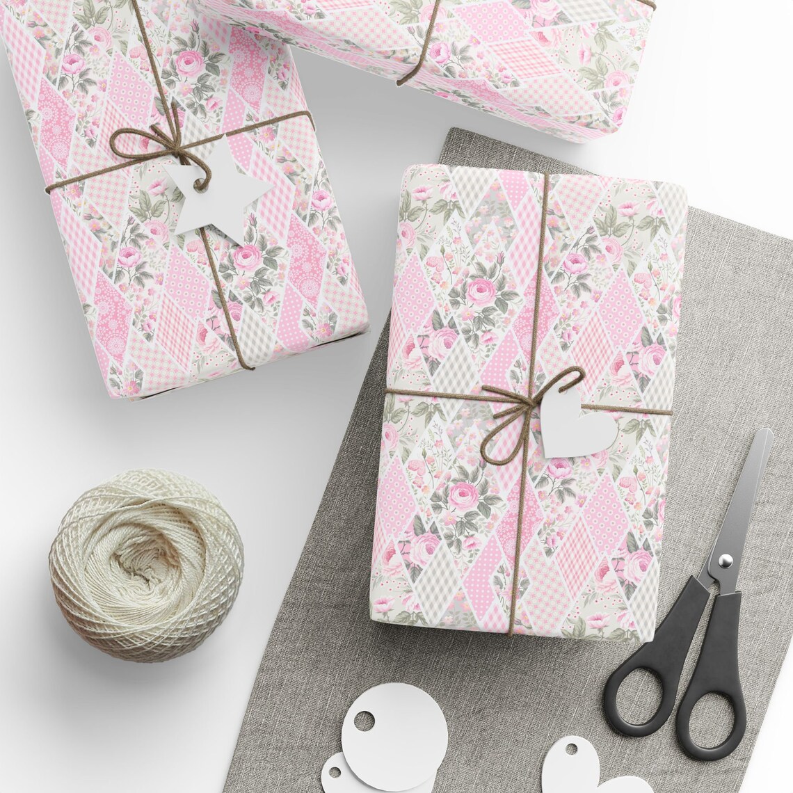 Grandmillenial Pink Patchwork Floral Wrapping Papers, Wedding Gift Wrap ...
