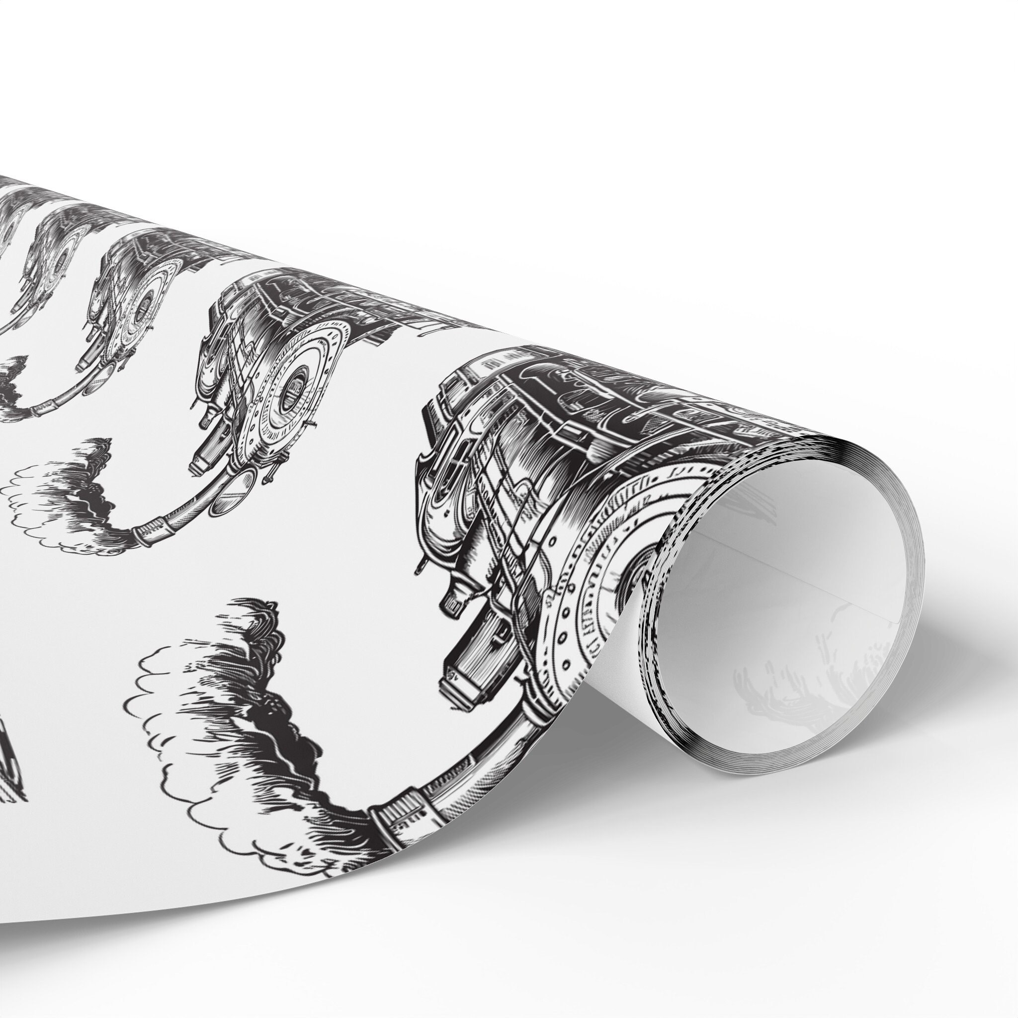 Vintage Train Wrapping Papers, Locomotive, Black and White, Drawing ...