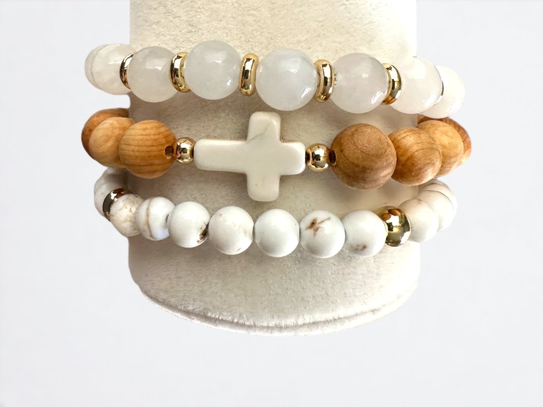 Cross Beaded Bracelet Stack | White Turquoise, Sandalwood, and White ...